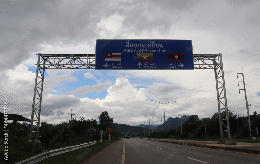 road signs or signs indicating places on the road There is a Thai ...