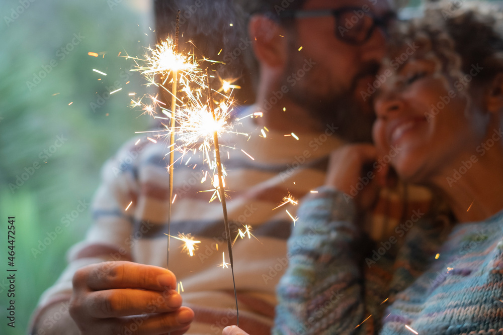 Love couple emotion celebration with lovely man and woman firing ...