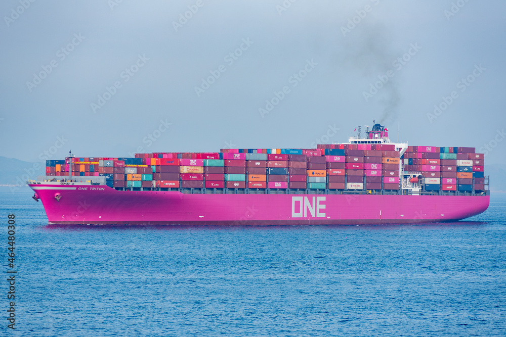 Suez, Egypt - pink container ship sailing near entrance to the Suez ...