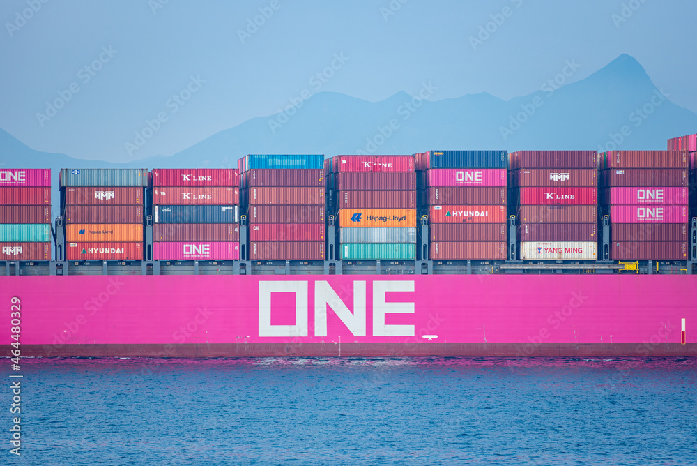 Suez, Egypt - pink container ship sailing near entrance to the Suez ...