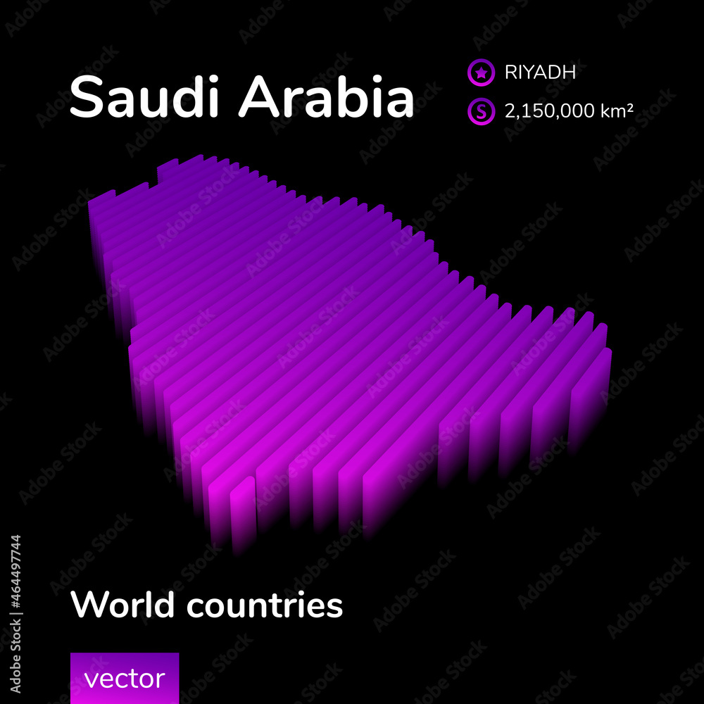 Stylized neon digital isometric striped vector Saudi Arabia map with 3d ...