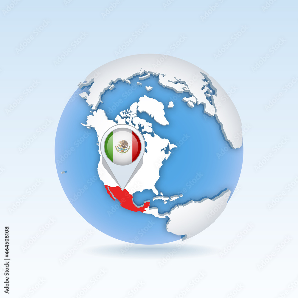 Mexico - country map and flag located on globe, world map. Stock Vector ...