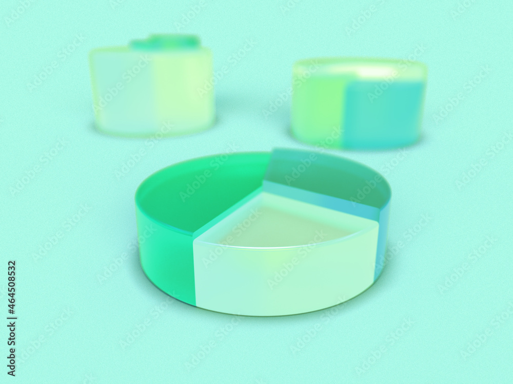3D rendered transparent pie charts with two marked parts on a light ...