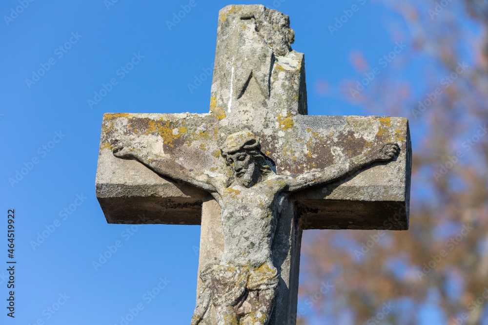 Poster Christian cross with the crucifixion of Jesus Christ on the grave in the cemeter – Wall ...