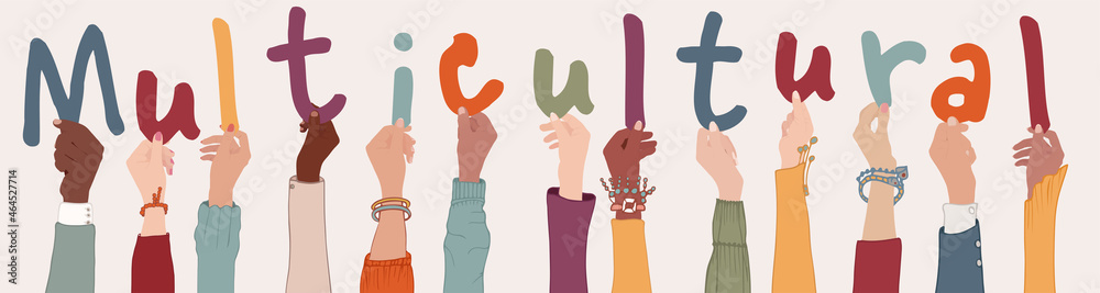 Multi-ethnic multicultural people holding letters forming the text ...