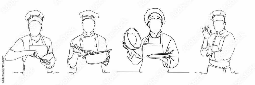 Vector continuous one single line drawing of set vector of cook chef ...