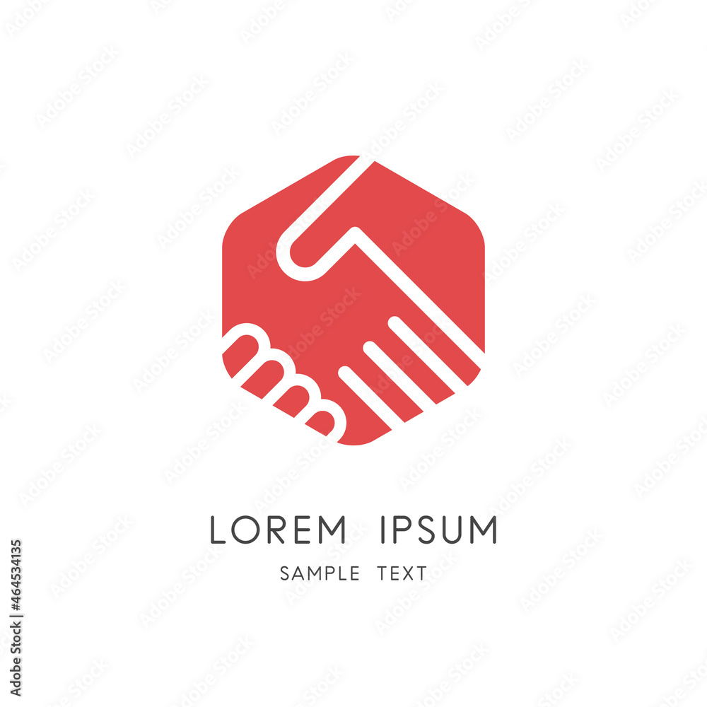 Handshake business logo - hands make a deal or agreement on red hexagon ...