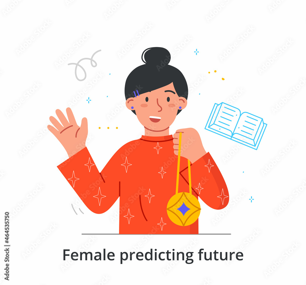 Woman predicts future concept. Character holds magic amulet with symbol ...