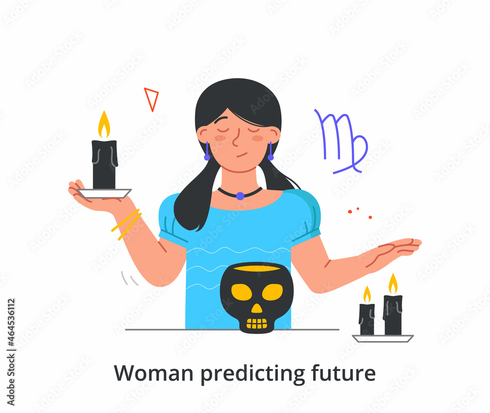 Woman predicts future concept. Female character holds black candles ...
