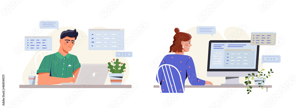 Working with databases concept. Man and woman analyze big data or ...