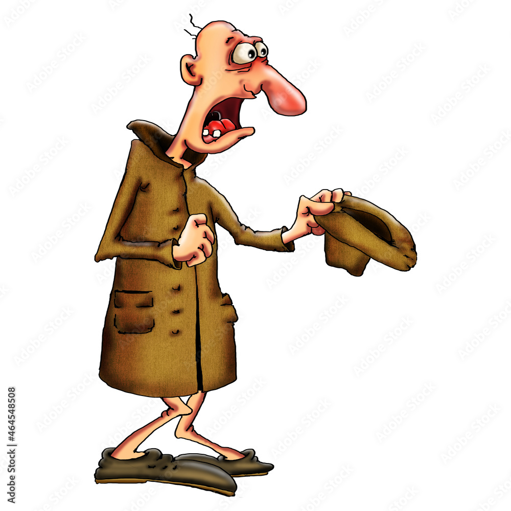 a man in a coat begs for alms holding out a hat in his hand. cartoon ...