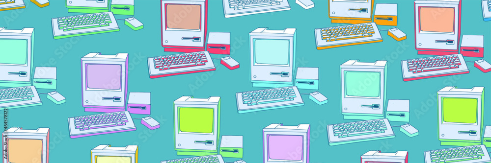 Vector illustration with drawing of old computers with keyboard and ...