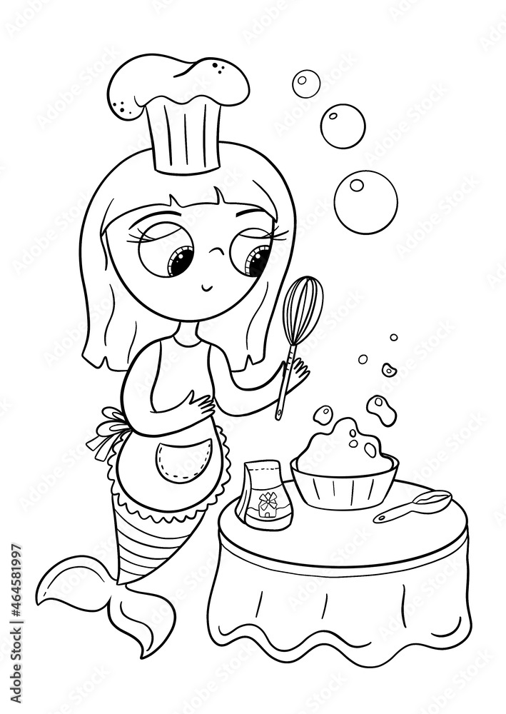 Cute little Cook mermaid , Coloring book page for kids. Collection of ...