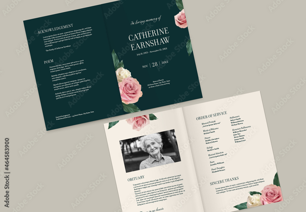 Funeral Program Layout with Roses and Leaves Stock Template | Adobe Stock