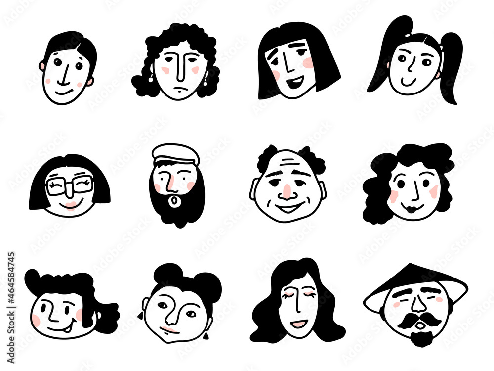 Cartoon face set. People doodle icon collection, avatars for social ...
