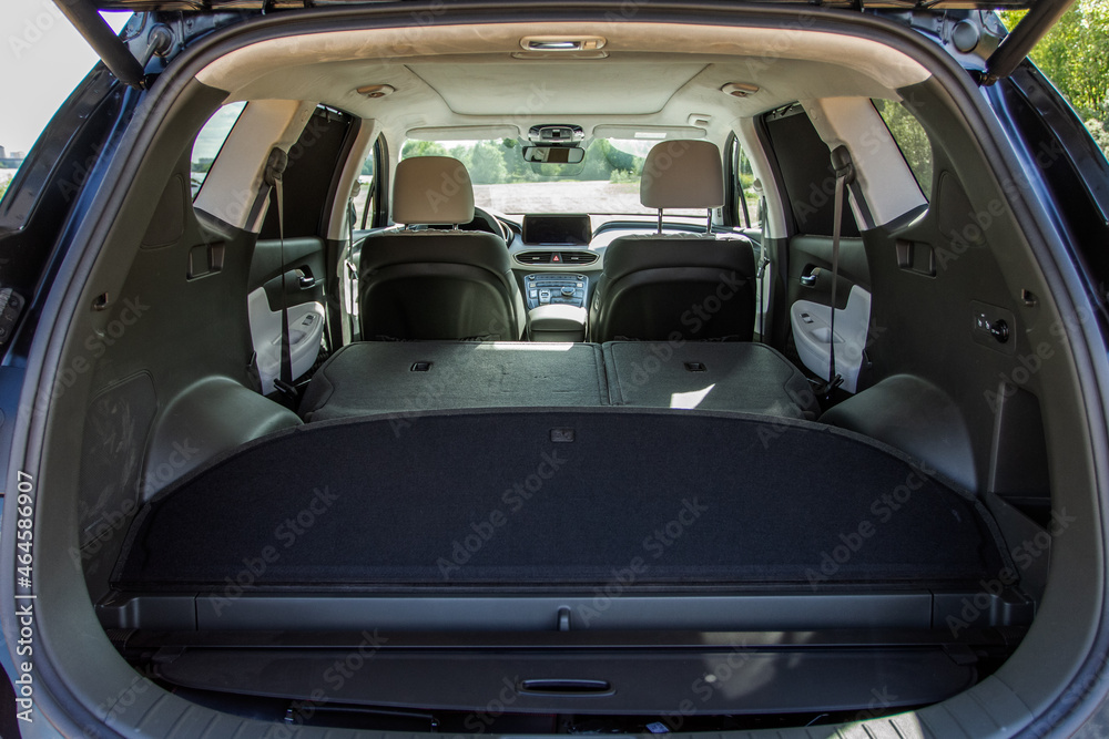 Huge, clean and empty car trunk in interior of compact suv. Rear view ...