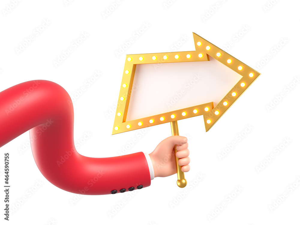 3d render, funny cartoon character flexible hand with arrow sign banner ...