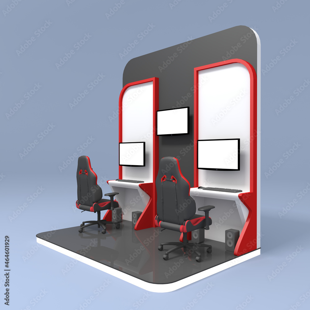 3d illustration stand booth game competition with blank LED TV screen ...