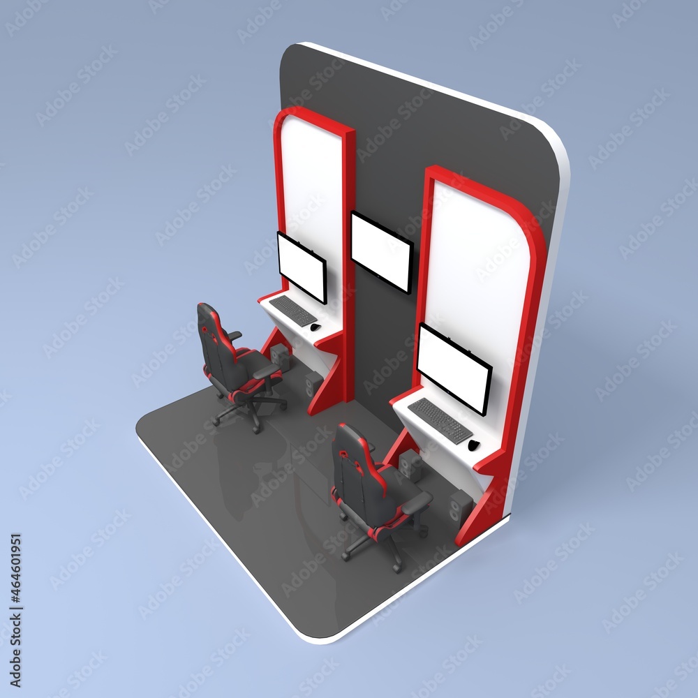 3d illustration stand booth game competition with blank LED TV screen ...