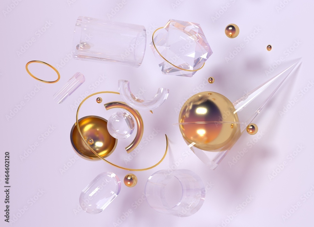 Minimalistic 3D composition of figures: torus, hemisphere, cone, prism ...