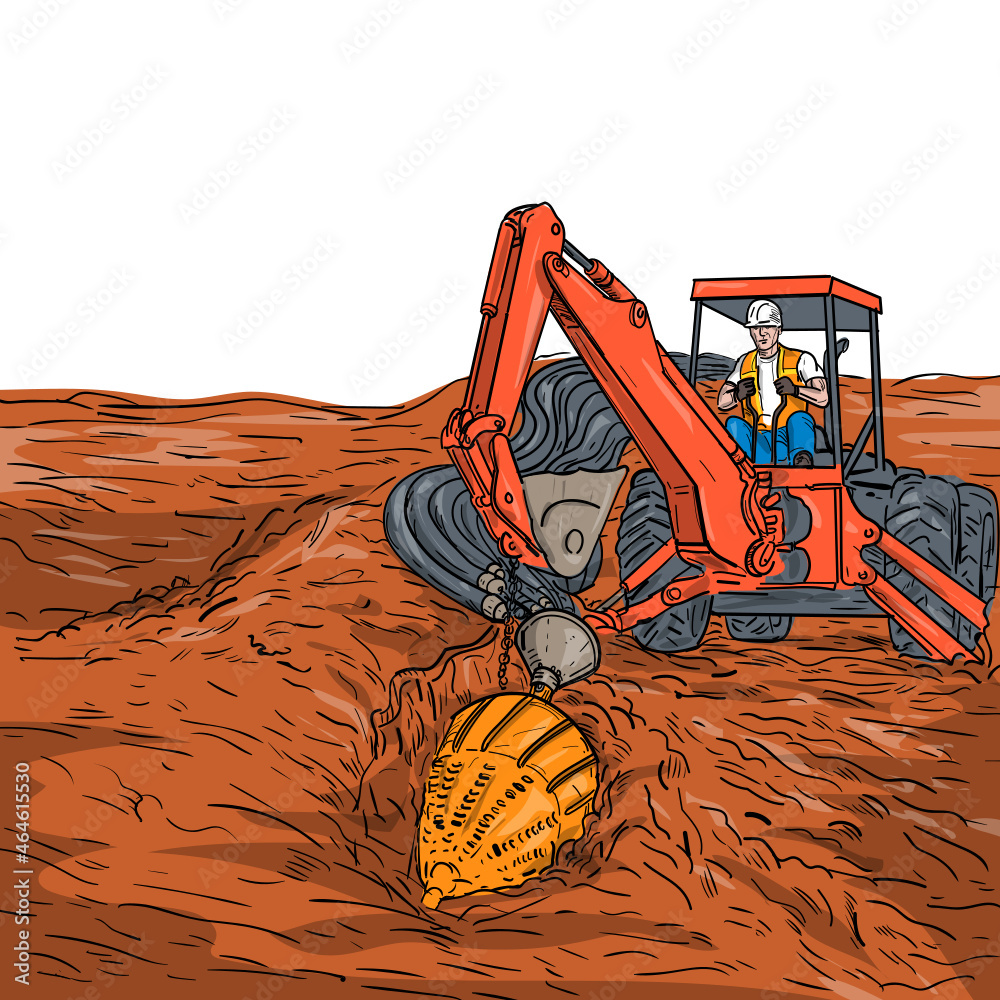 Drawing sketch style illustration of a mechanical digger laying a drill ...