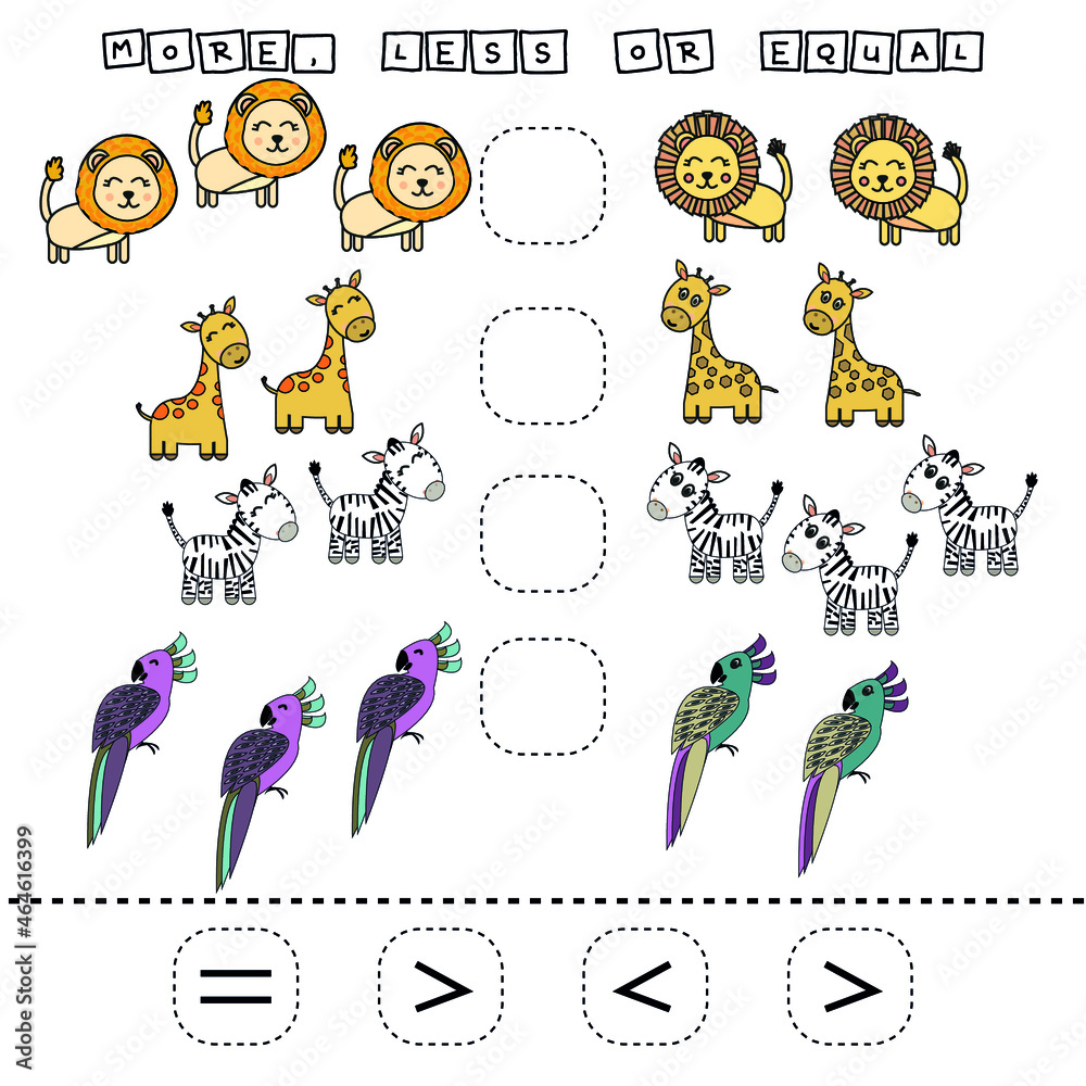 Which is greater, less or equal game with funny giraffes, parrots ...