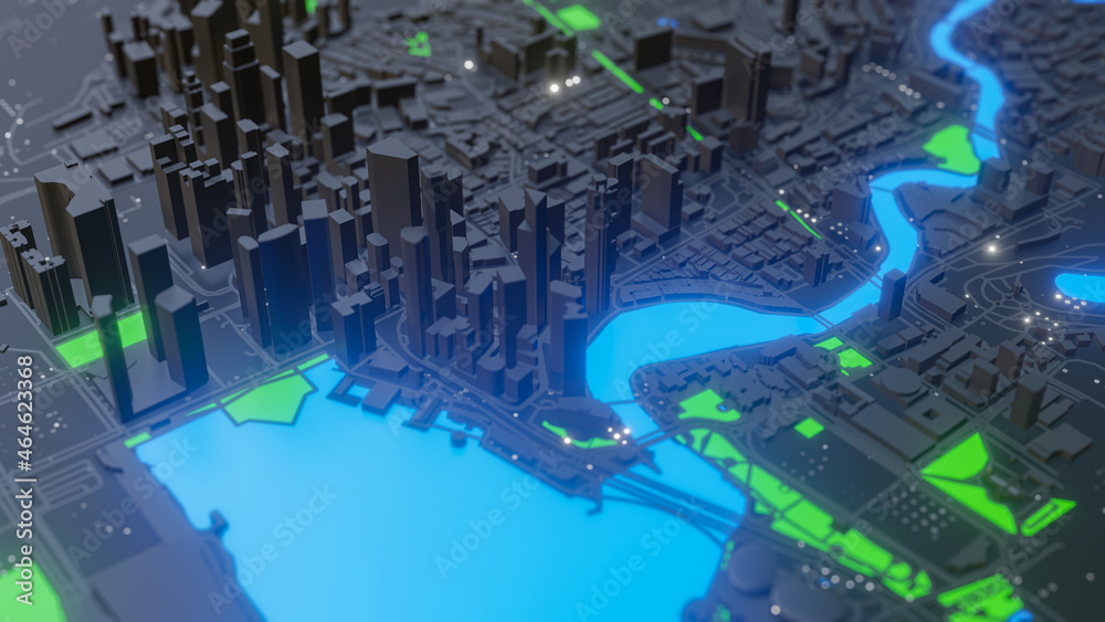 Abstract neon glowing Smart city with buildings and streets Stock ...