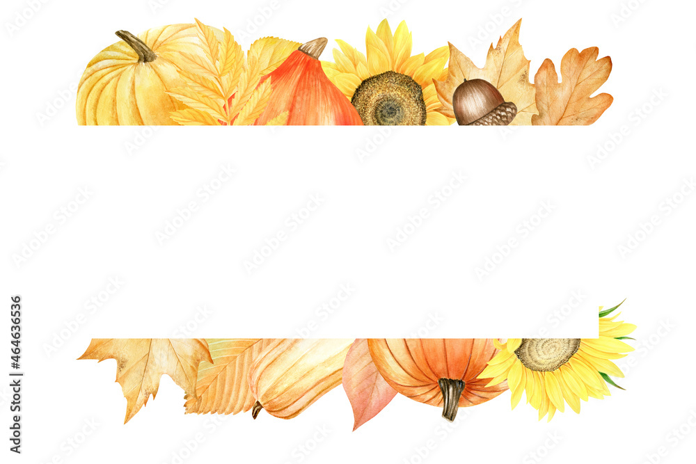 Watercolor autumn vegetables, pumpkins and leaves invitation card ...