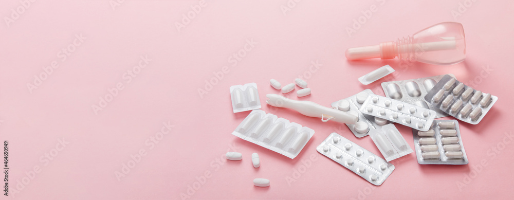 Gynecology concept banner. Vaginal suppositories, enema, tablets ...
