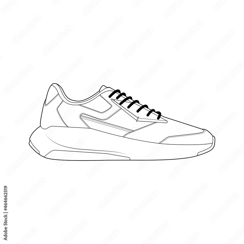 Sneakers outline drawing. Black lines of sport shoe on white background ...