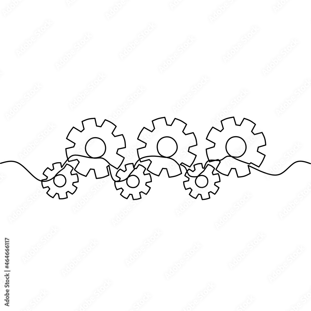 Continuous line drawing of gear, business concept teamwork, object one ...