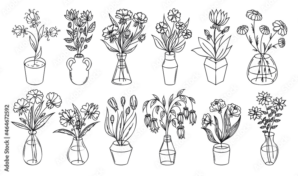 Flowers outline illustration with vase and pot isolated on white ...