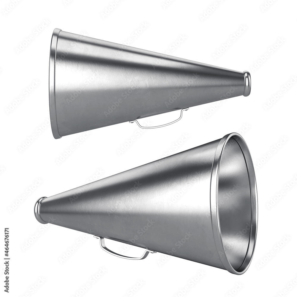 Old megaphone silver from two angles on a white background, 3d render ...