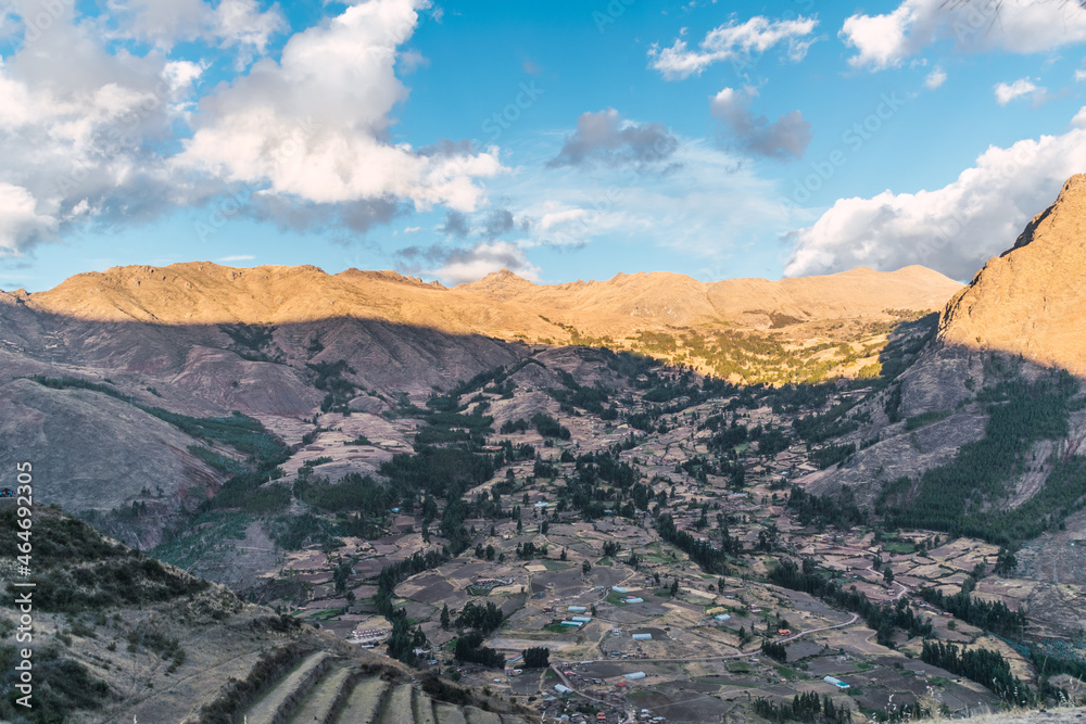 sunset in the archaeological center of Pisac located in the Sacred ...