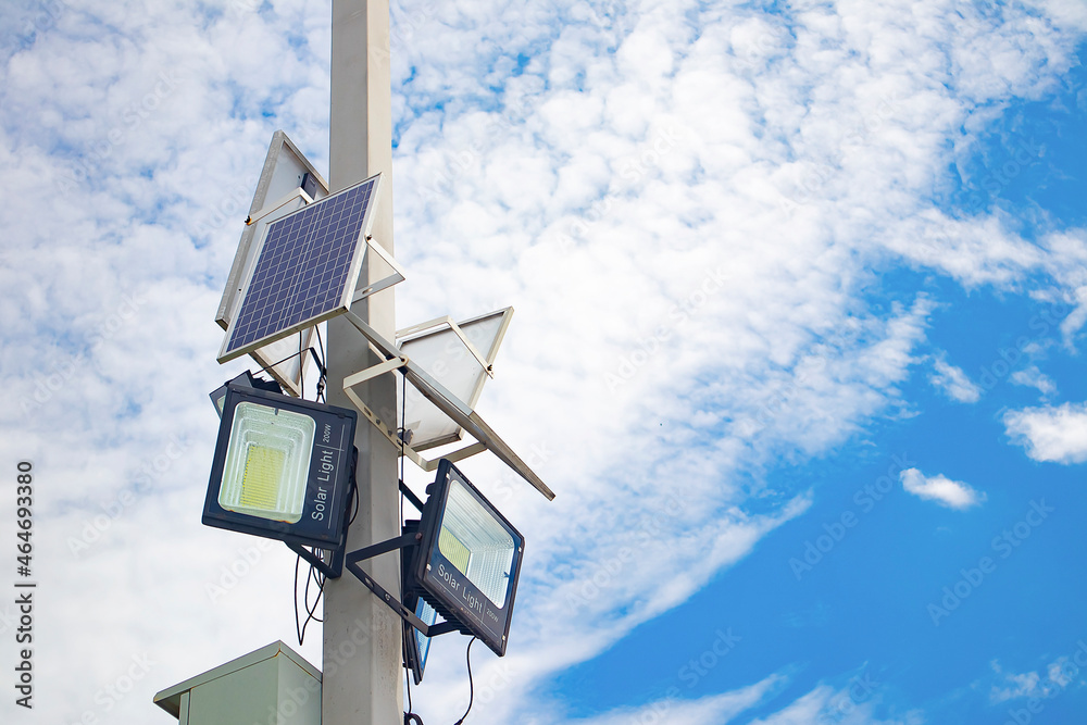 The solar cell device is mounted on the pole and the light is connected ...