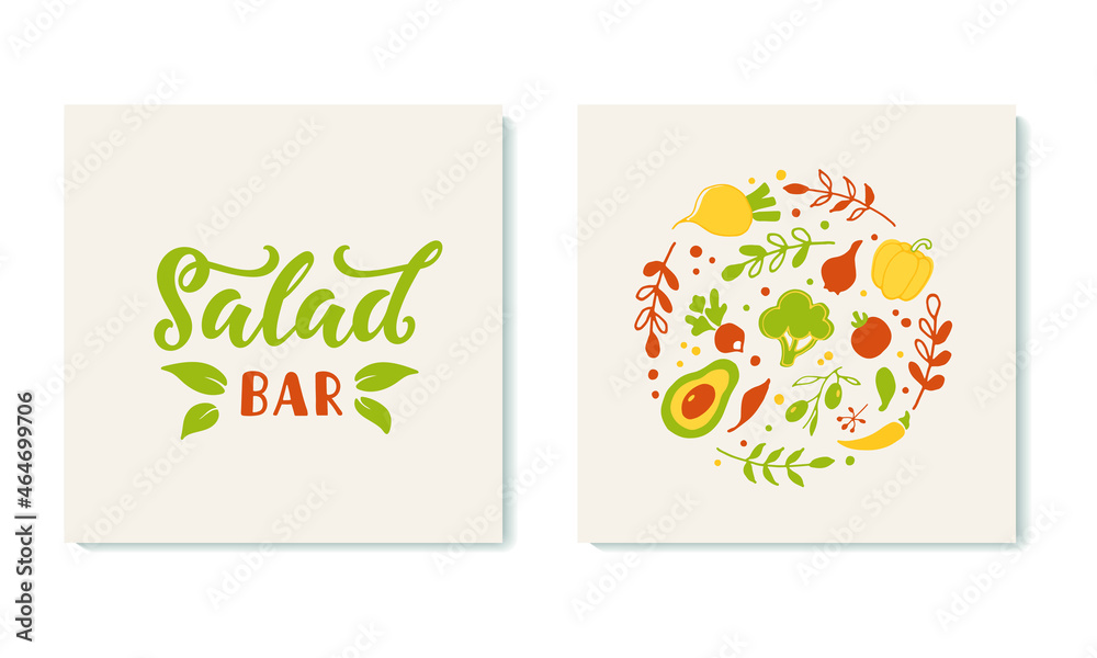 Salad bar handwritten text with vegetables. Hand lettering typography ...