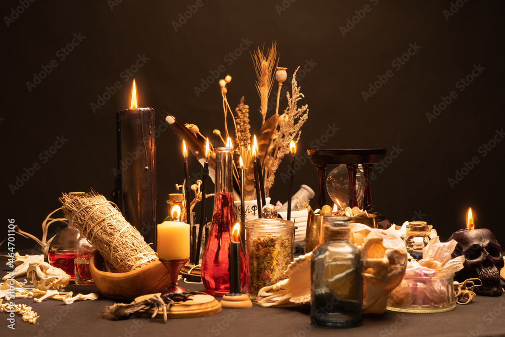 Occult and esoteric witch doctor still life. Selective focus. Halloween ...