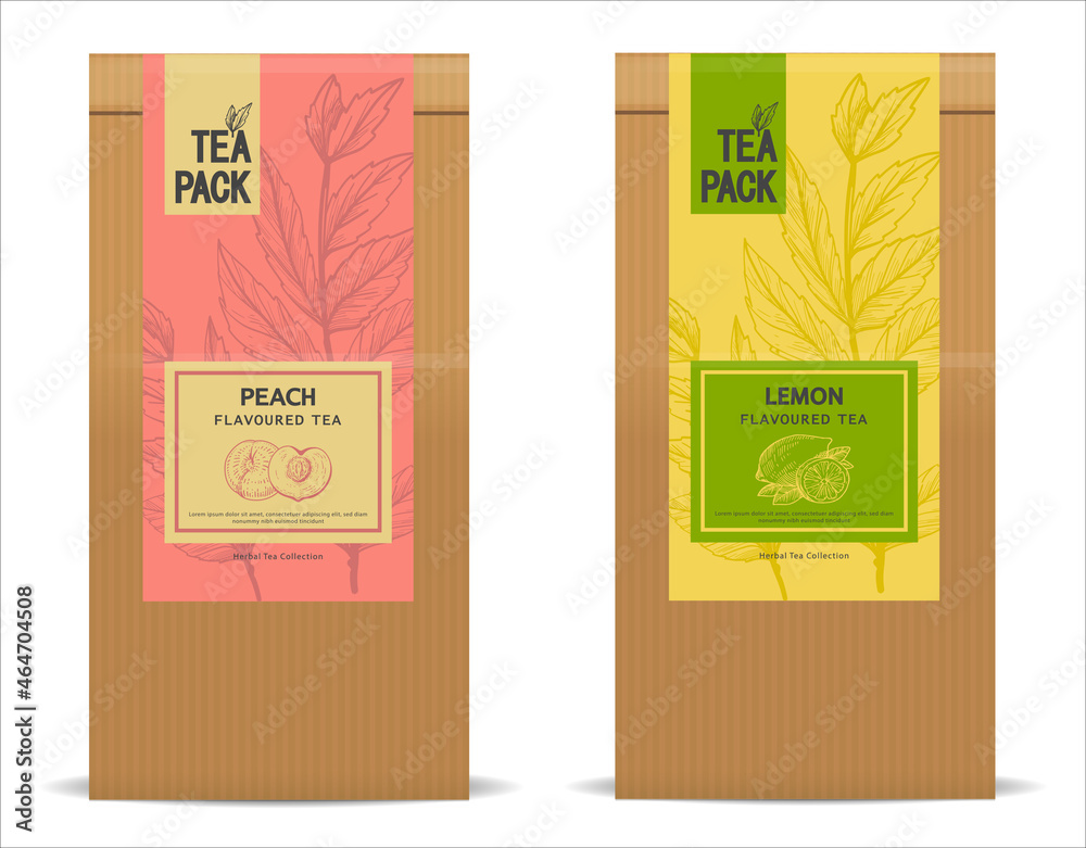 Craft Paper Bag with Flavoured Tea Labels Set. Vector Packaging Design ...