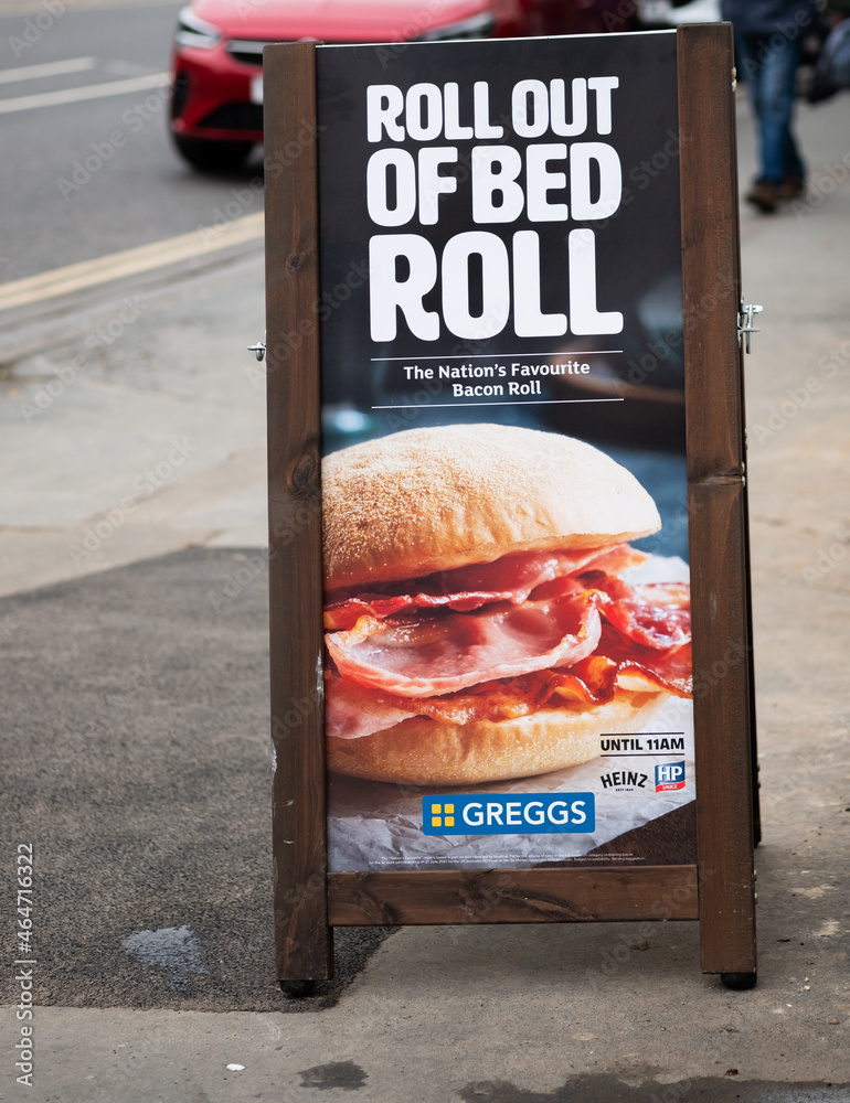 Whitby, Yorkshire, UK – October 20 2021. A Greggs Breakfast Bacon Roll ...