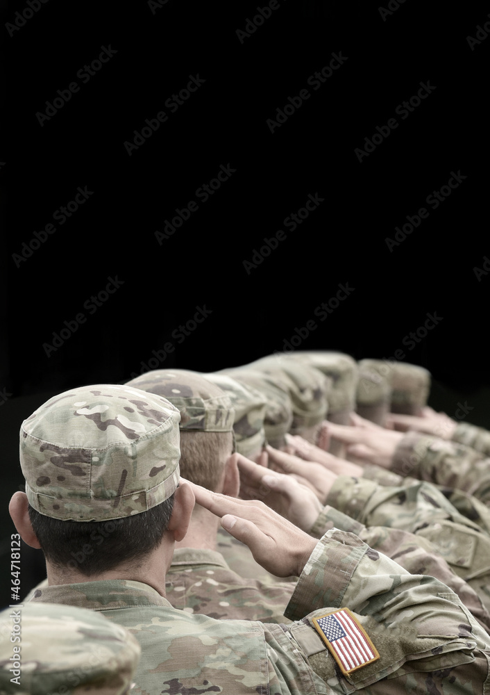 US soldiers salute. Military of USA. US Army. Veterans Day. Empty space ...
