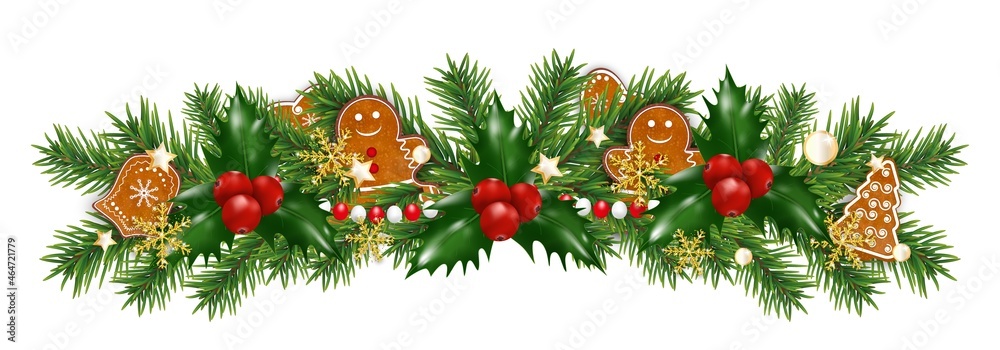 Christmas border decorations garland with fir branches and gingerbread ...