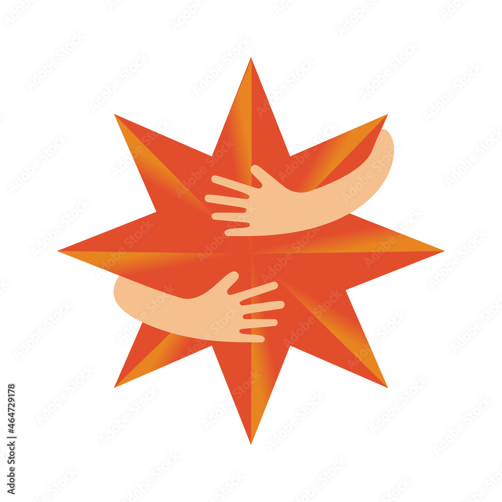 Human hands embracing or holding eight pointed star vector flat ...