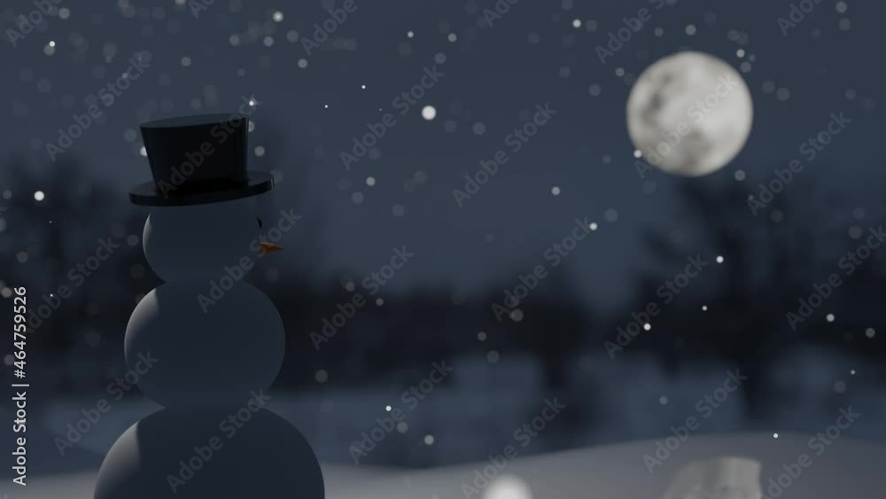 A snowman with his black hat is standing in a forest at a falling snow ...