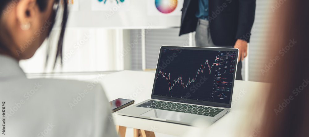 Businesswoman in analyze stock market data using laptop computer ...