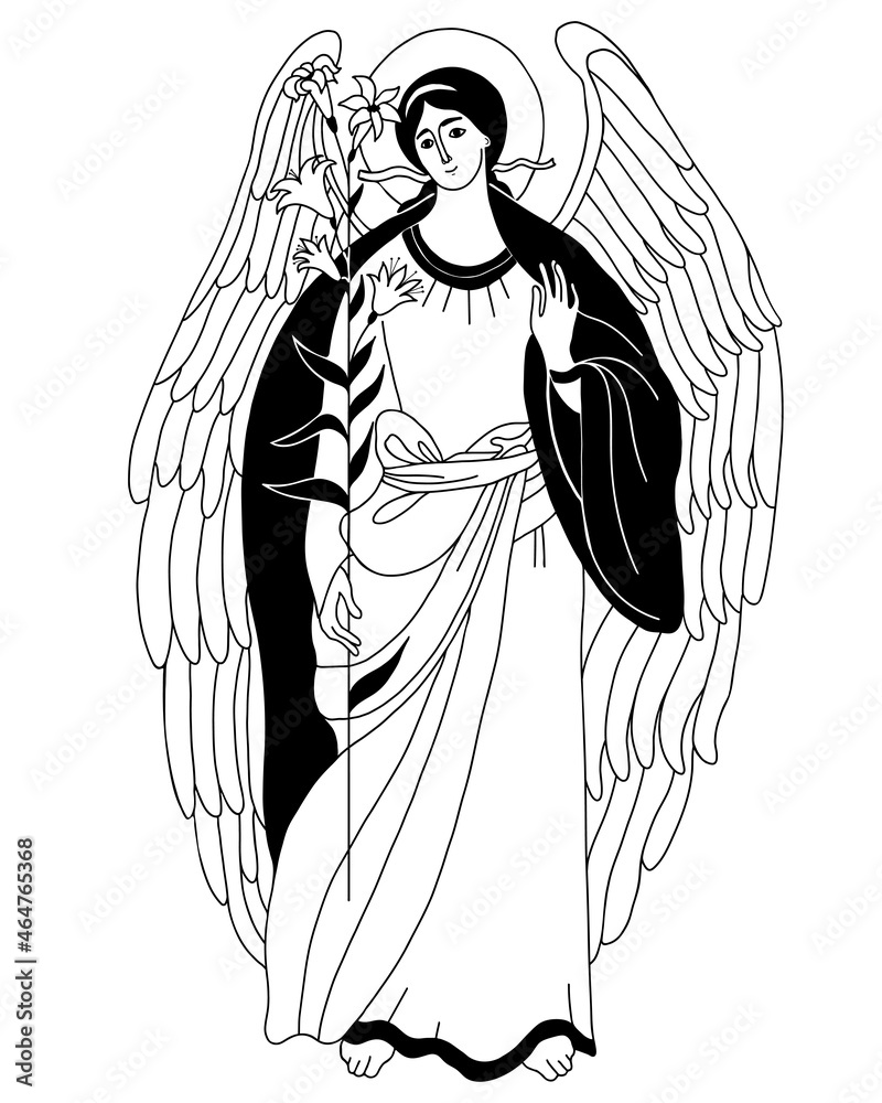 Archangel Gabriel with lily - Heavenly messenger. Vector Line ...