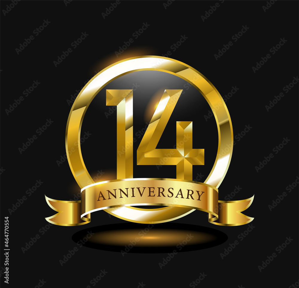14 year anniversary celebration logo design with golden circle, vector ...
