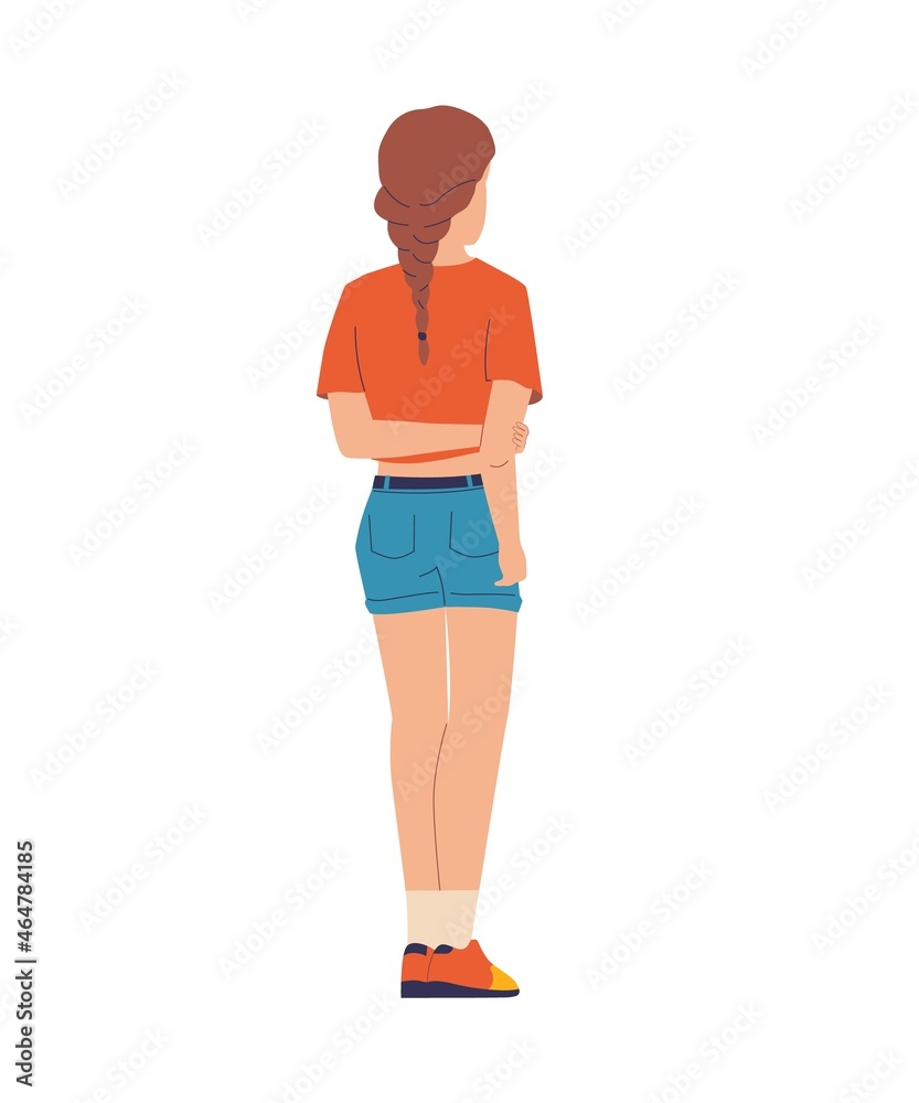 Cartoon girl standing with her back. Young woman in casual jeans shorts ...