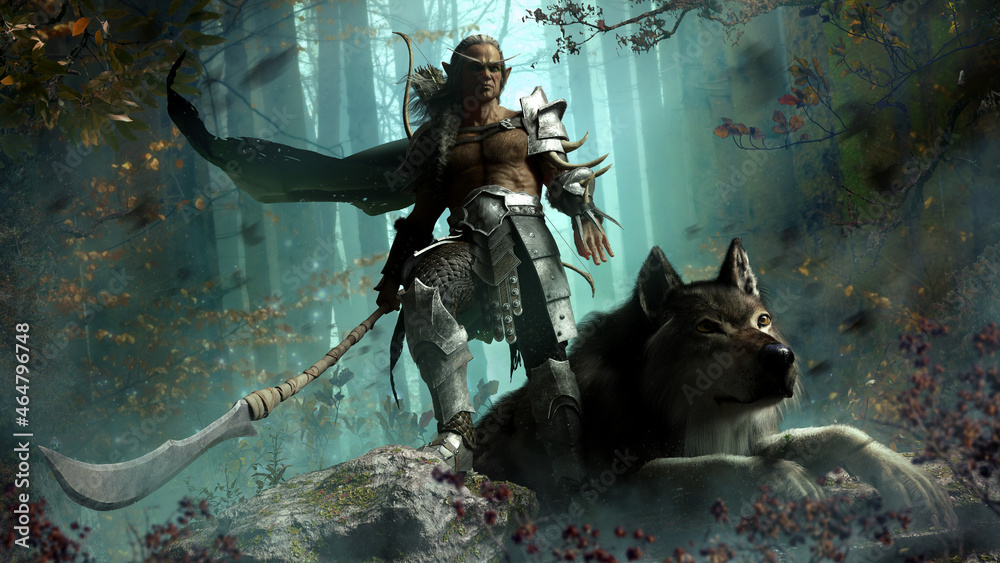 A brutal elf huntsman with a glaive stands proudly on a hill, and looks ...