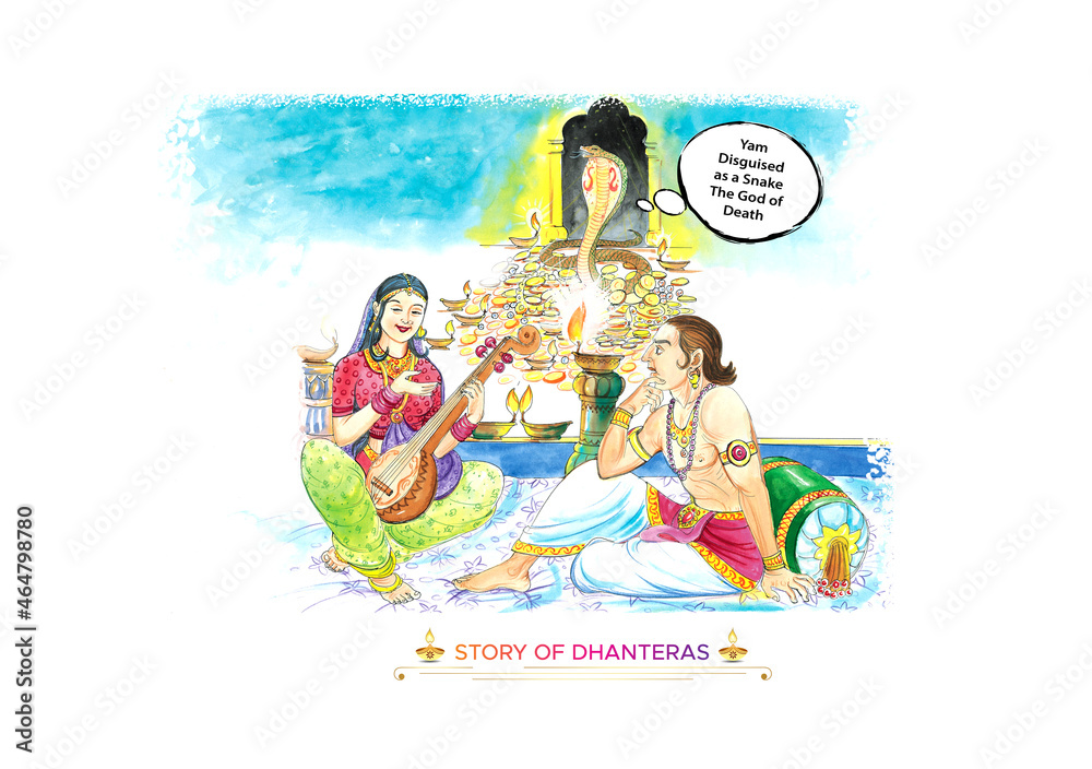 Story illustration of Dhanteras festival worship. King Hima and Snake ...