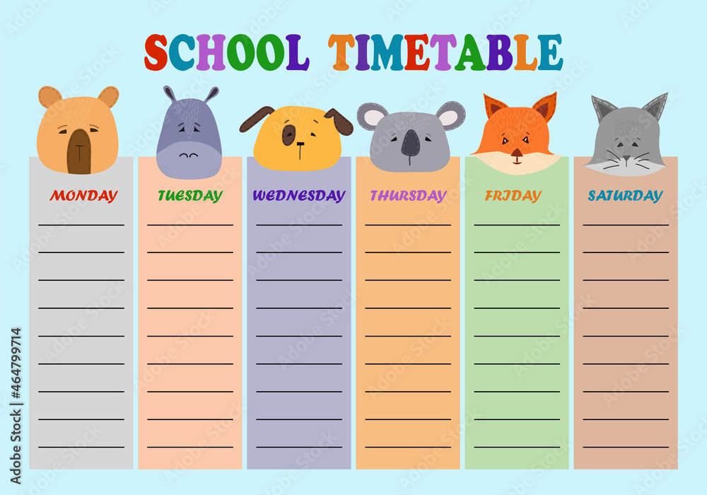School timetable design with cute aimals head. Timetable for elementary ...